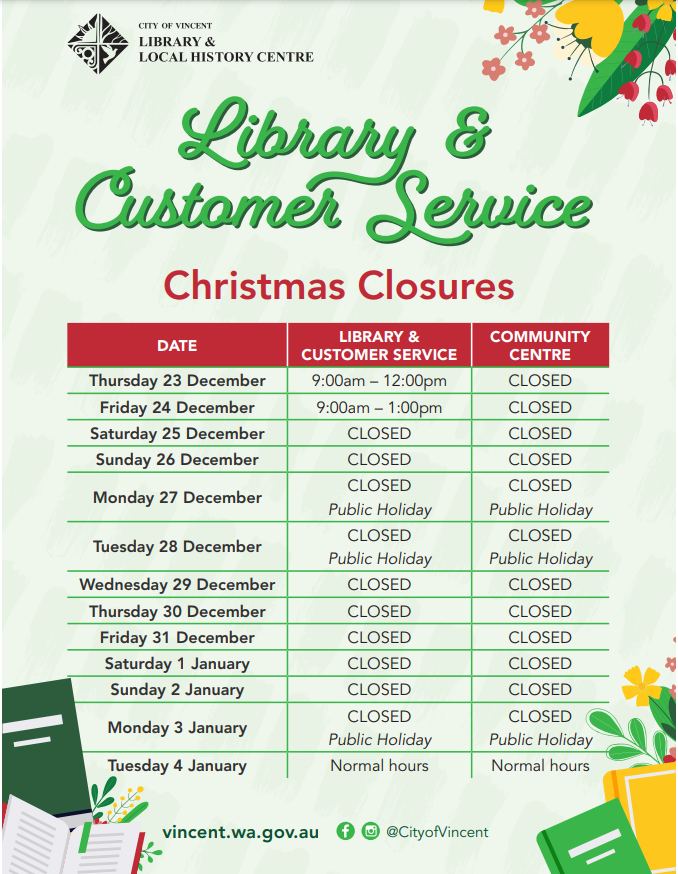 City of Vincent Library Christmas Closure Dates » City of Vincent Library